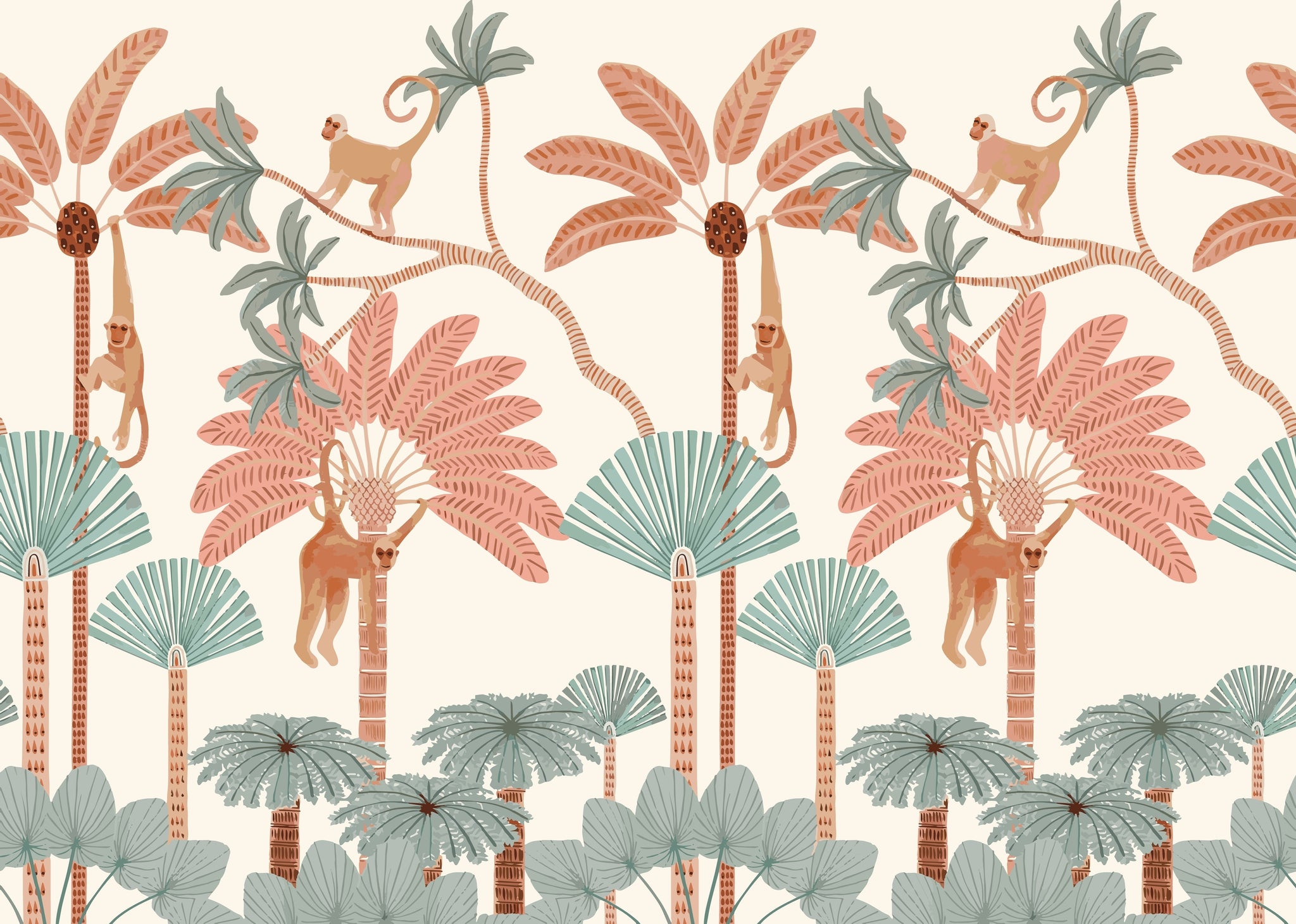 Cartoon Hanging Monkeys Red-Green Wallpaper Mural – My Castle Decor