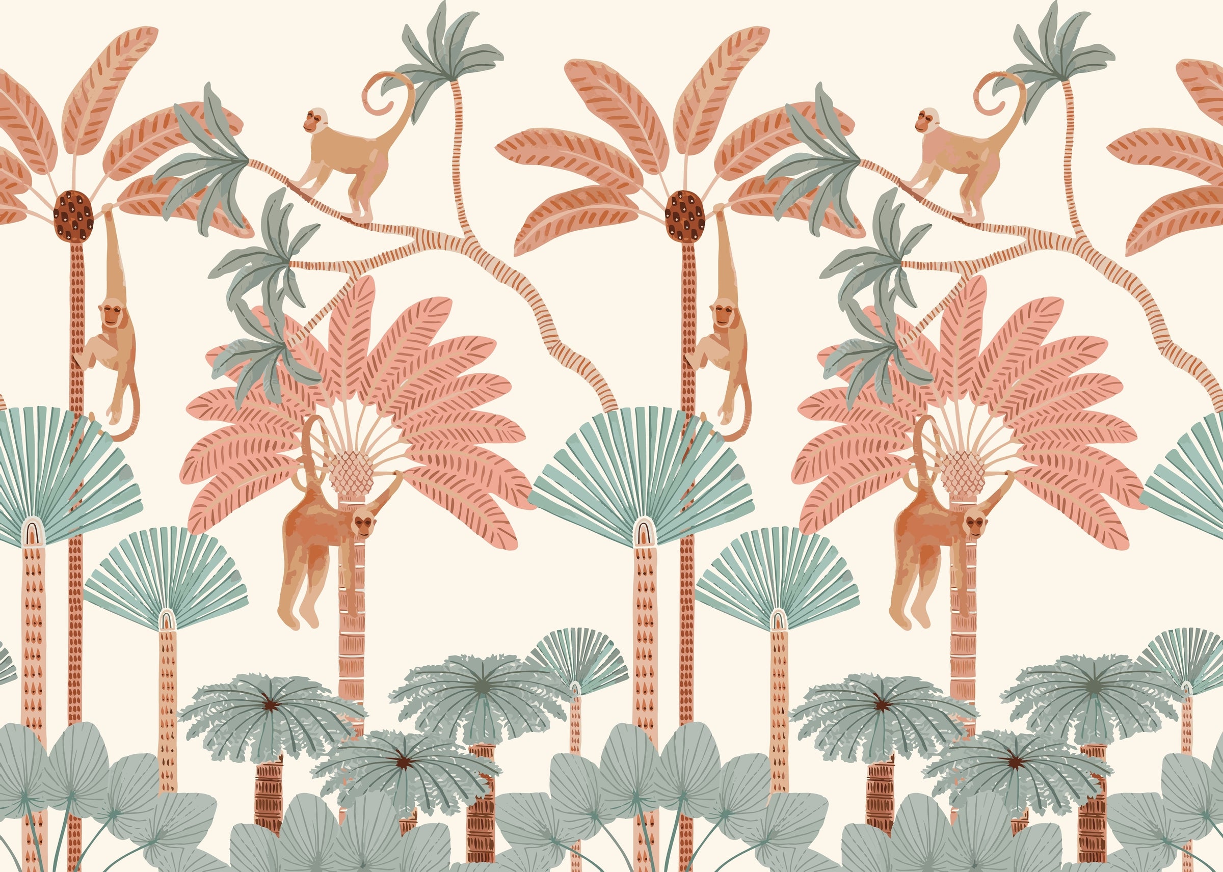 Cartoon Hanging Monkeys Red-Green Wallpaper Mural – My Castle Decor