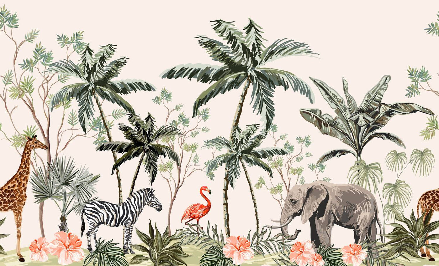 Colorful Drawn Palm Trees Animals Wallpaper Mural – My Castle Decor