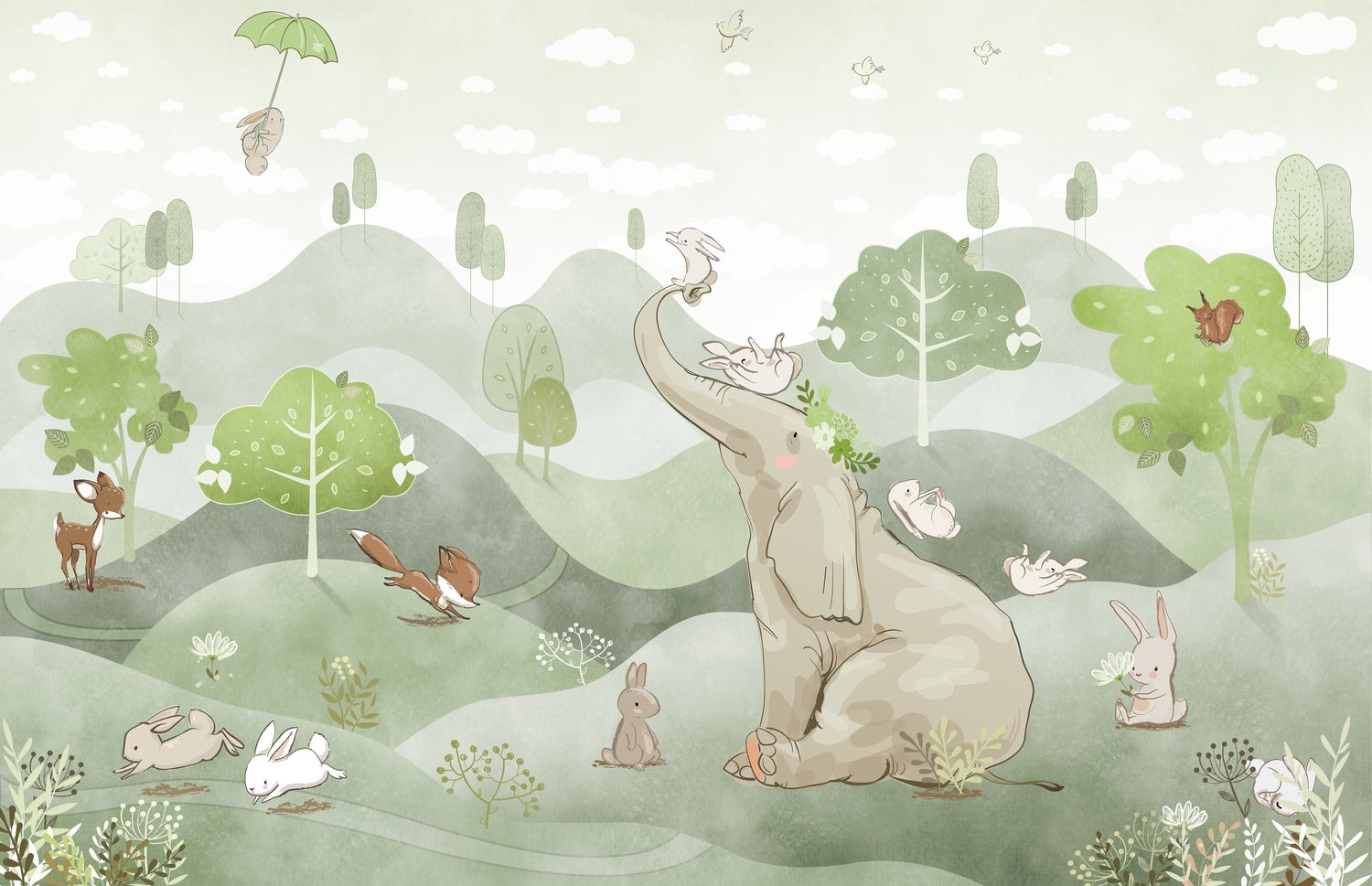 Playful Rabbits and Elephant Wallpaper Mural – My Castle Decor