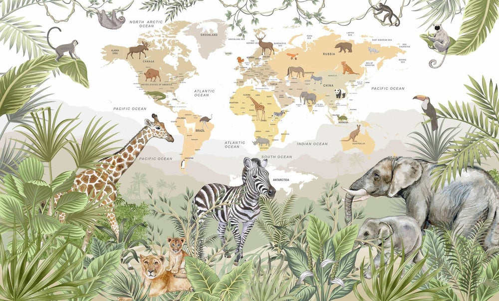 Safari Animals Yellow World Map Wallpaper Mural – My Castle Decor