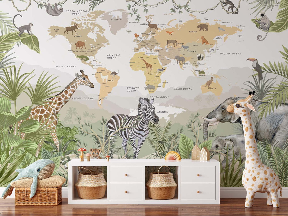 Safari Animals Yellow World Map Wallpaper Mural – My Castle Decor