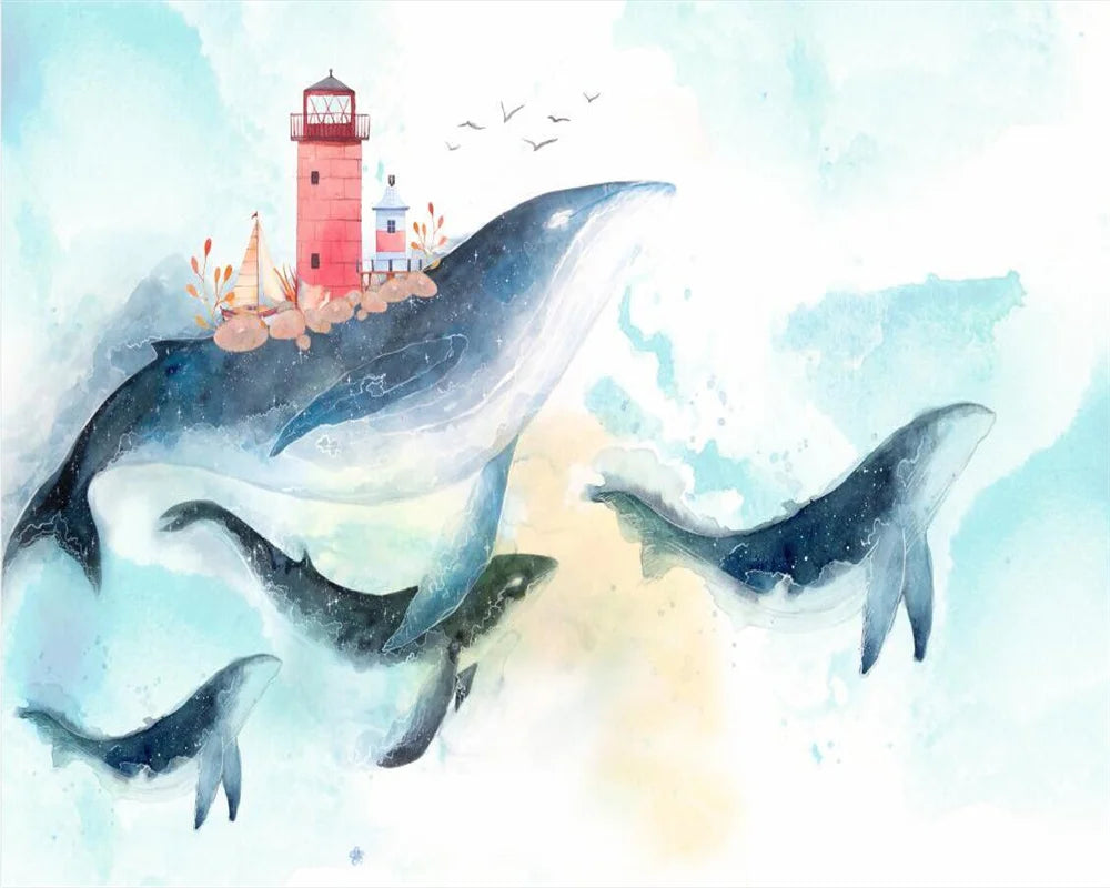 Fairy Flying Whale Family Watercolor Wallpaper Mural – My Castle Decor