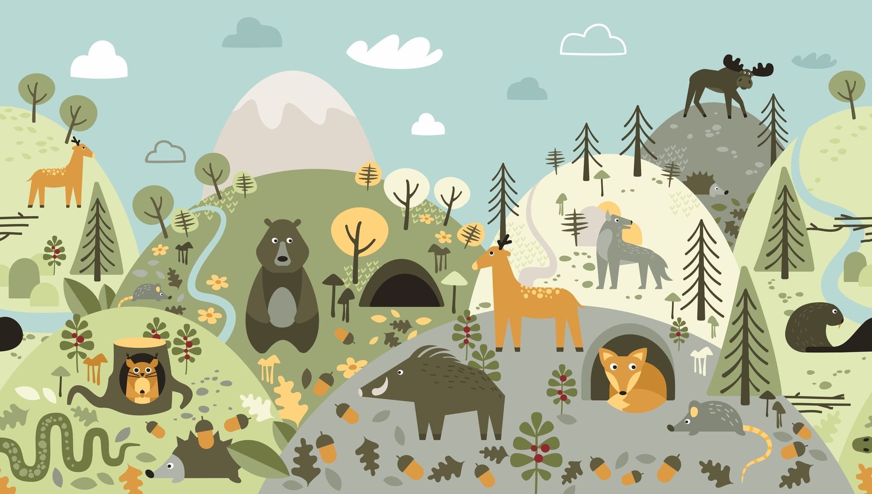 Whimsical Forest Animals with Hills Wall Mural Wallpaper – My Castle Decor