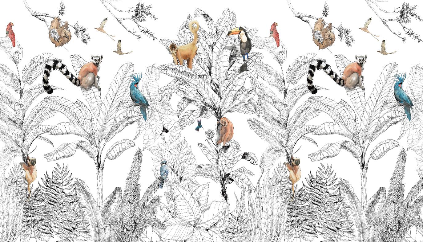 B&W Nature and Colorful Tree Animals Wallpaper Mural – My Castle Decor